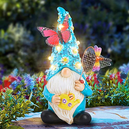 Foreby Garden Gnome Statues Outdoor Decor Solar Gnomes Statue,Garden Gnomes Decor with Butterfly on LED Lighted Flowers, Gnomes Sculpture for Patio Yard Lawn Onament Decoration