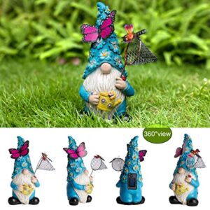 Foreby Garden Gnome Statues Outdoor Decor Solar Gnomes Statue,Garden Gnomes Decor with Butterfly on LED Lighted Flowers, Gnomes Sculpture for Patio Yard Lawn Onament Decoration