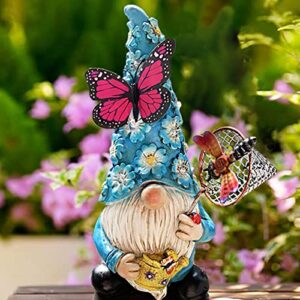 Foreby Garden Gnome Statues Outdoor Decor Solar Gnomes Statue,Garden Gnomes Decor with Butterfly on LED Lighted Flowers, Gnomes Sculpture for Patio Yard Lawn Onament Decoration