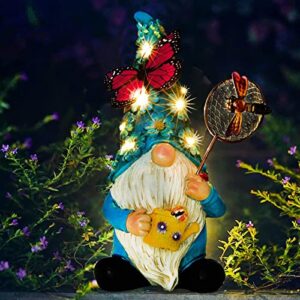 Foreby Garden Gnome Statues Outdoor Decor Solar Gnomes Statue,Garden Gnomes Decor with Butterfly on LED Lighted Flowers, Gnomes Sculpture for Patio Yard Lawn Onament Decoration