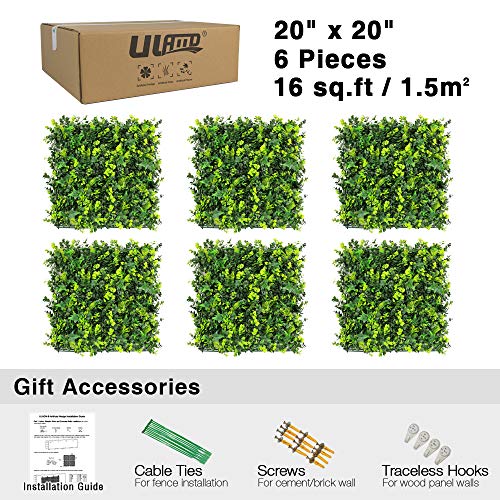 ULAND Artificial Hedges Panels, 6pcs 20"x20" Boxwood Greenery Ivy Privacy Fence Screening, Home Garden Outdoor Wall Decoration