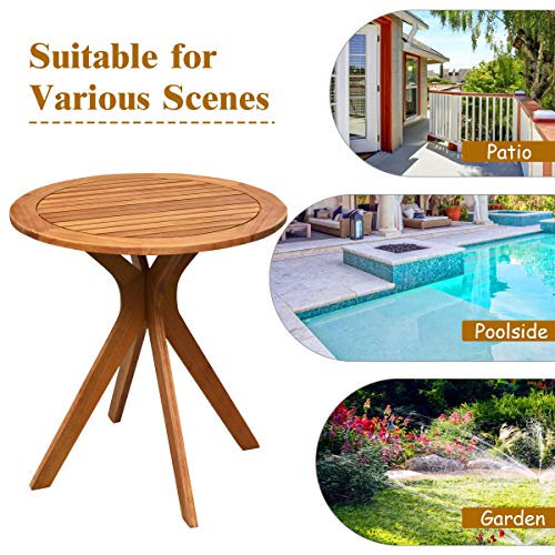 Hysache Patio Bistro Table, Wooden Round Table w/X Shape Base, Side Table for Indoor or Outdoor Use, Coffee Table for Patio, Garden, Backyard, Living Room, Teak