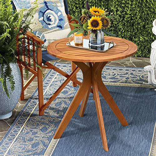 Hysache Patio Bistro Table, Wooden Round Table w/X Shape Base, Side Table for Indoor or Outdoor Use, Coffee Table for Patio, Garden, Backyard, Living Room, Teak