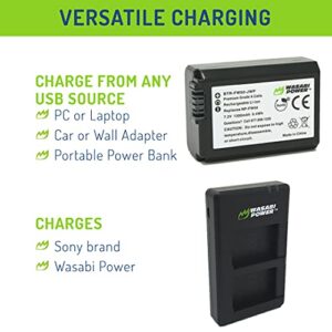 Wasabi Power NP-FW50 Battery (2-Pack) & Micro USB Dual Charger for Sony ZV-E10, Alpha a5100, a6000, a6300, a6400, a6500, Alpha a7, a7 II, a7R, a7R II, a7S, a7S II, DSC-RX10 III, RX10 IV & More