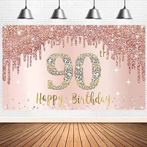 Happy 90th Birthday Banner Backdrop Decorations for Women, Rose Gold 90 Birthday Party Sign Supplies, Pink 90 Year Old Birthday Poster Background Photo Booth Props Decor