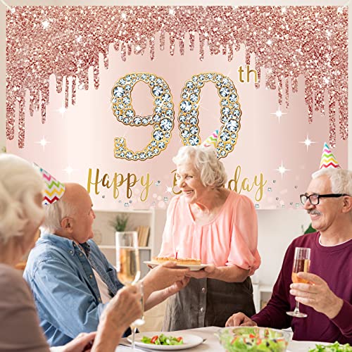 Happy 90th Birthday Banner Backdrop Decorations for Women, Rose Gold 90 Birthday Party Sign Supplies, Pink 90 Year Old Birthday Poster Background Photo Booth Props Decor