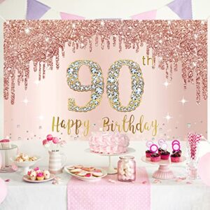 Happy 90th Birthday Banner Backdrop Decorations for Women, Rose Gold 90 Birthday Party Sign Supplies, Pink 90 Year Old Birthday Poster Background Photo Booth Props Decor