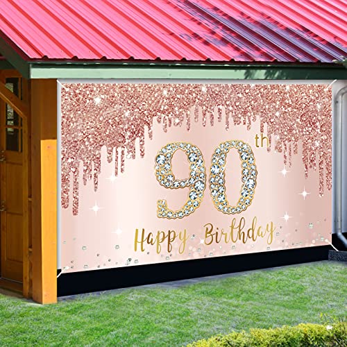 Happy 90th Birthday Banner Backdrop Decorations for Women, Rose Gold 90 Birthday Party Sign Supplies, Pink 90 Year Old Birthday Poster Background Photo Booth Props Decor