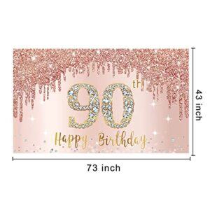 Happy 90th Birthday Banner Backdrop Decorations for Women, Rose Gold 90 Birthday Party Sign Supplies, Pink 90 Year Old Birthday Poster Background Photo Booth Props Decor