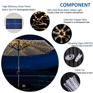 Patio Umbrella Lights, Solar Waterproof Umbrella String Lights with 360 Warm White LED, Fairy String Lights Perfect for Umbrella Outdoor Garden Decor, Home Garden Wedding Party Christmas