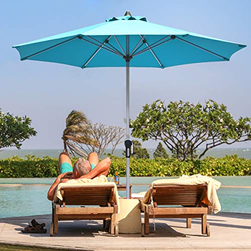 Tangkula 9 ft Patio Umbrella, Outdoor Market Table Umbrella with 1.5¡± Aluminum Pole, 8 Sturdy Ribs & Crank for Garden, Lawn, Deck, Backyard & Poolside (Turquoise)