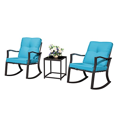 RTDTD 3 Piece Outdoor Rocking Chairs Patio Bistro Sets Modern Patio Furniture Set Conversation Sets with Coffee Table & 2 Blue Thickened Cushions for Garden, Pool, Backyard