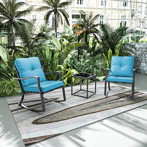 RTDTD 3 Piece Outdoor Rocking Chairs Patio Bistro Sets Modern Patio Furniture Set Conversation Sets with Coffee Table & 2 Blue Thickened Cushions for Garden, Pool, Backyard