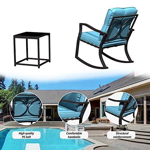 RTDTD 3 Piece Outdoor Rocking Chairs Patio Bistro Sets Modern Patio Furniture Set Conversation Sets with Coffee Table & 2 Blue Thickened Cushions for Garden, Pool, Backyard