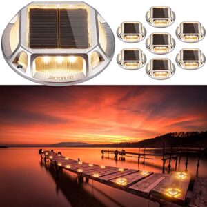 jackyled 8-pack solar deck lights outdoor, 12 led solar dock lights marine waterproof, dusk to dawn solar lights for backyard sidewalk garden pathway walkway patio backyard (warm white)