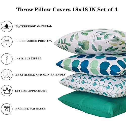 YJHAOTOU Throw Pillow Covers 18x18 Set of 4, Outdoor Waterproof Pillow Covers Green Double Sided Print Throw Pillow Covers for Patio Funiture Garden Sofa Bedroom Decorative Pillow Covers