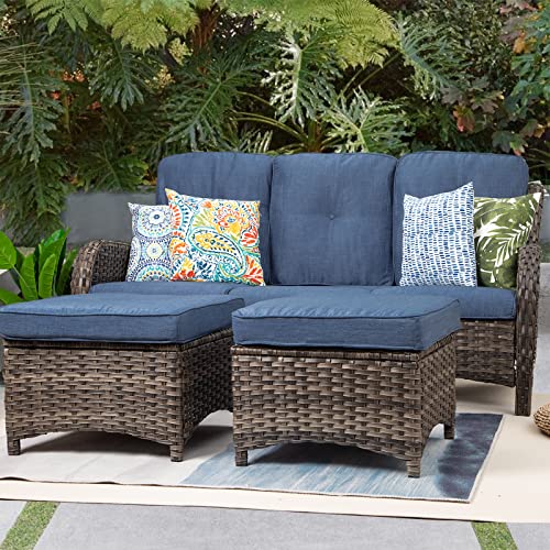 MeetLeisure Patio Furniture Set 3-Piece Wicker Outdoor Furniture Conversational Sets with 3-Seat Sofa, 2 Ottoman Patio Rattan Wicker Sectional Sofa Set with Waterproof Cover, Blue