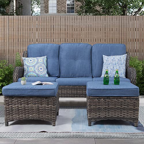 MeetLeisure Patio Furniture Set 3-Piece Wicker Outdoor Furniture Conversational Sets with 3-Seat Sofa, 2 Ottoman Patio Rattan Wicker Sectional Sofa Set with Waterproof Cover, Blue