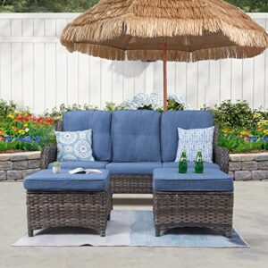 MeetLeisure Patio Furniture Set 3-Piece Wicker Outdoor Furniture Conversational Sets with 3-Seat Sofa, 2 Ottoman Patio Rattan Wicker Sectional Sofa Set with Waterproof Cover, Blue