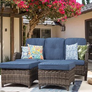 MeetLeisure Patio Furniture Set 3-Piece Wicker Outdoor Furniture Conversational Sets with 3-Seat Sofa, 2 Ottoman Patio Rattan Wicker Sectional Sofa Set with Waterproof Cover, Blue