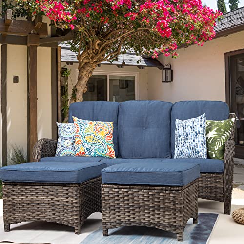 MeetLeisure Patio Furniture Set 3-Piece Wicker Outdoor Furniture Conversational Sets with 3-Seat Sofa, 2 Ottoman Patio Rattan Wicker Sectional Sofa Set with Waterproof Cover, Blue