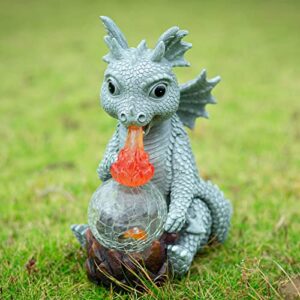 wonder garden dragon statue – spitfire dragon figurines solar light resin garden statues with crackled glass globe outdoor waterproof lawn ornament decor