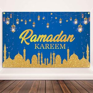 JOZON Ramadan Kareem Backdrop Banner 71 x 45 Inch Large Size Ramadan Mubarak Blue Gold Background Banner Islamic Eid Mubarak Festival Party Decorations Supplies Muslim Ramadan Photo Booth Props