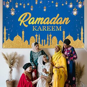 JOZON Ramadan Kareem Backdrop Banner 71 x 45 Inch Large Size Ramadan Mubarak Blue Gold Background Banner Islamic Eid Mubarak Festival Party Decorations Supplies Muslim Ramadan Photo Booth Props