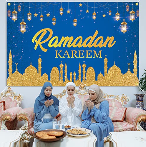 JOZON Ramadan Kareem Backdrop Banner 71 x 45 Inch Large Size Ramadan Mubarak Blue Gold Background Banner Islamic Eid Mubarak Festival Party Decorations Supplies Muslim Ramadan Photo Booth Props