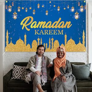 JOZON Ramadan Kareem Backdrop Banner 71 x 45 Inch Large Size Ramadan Mubarak Blue Gold Background Banner Islamic Eid Mubarak Festival Party Decorations Supplies Muslim Ramadan Photo Booth Props