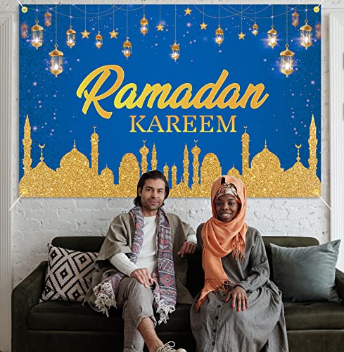 JOZON Ramadan Kareem Backdrop Banner 71 x 45 Inch Large Size Ramadan Mubarak Blue Gold Background Banner Islamic Eid Mubarak Festival Party Decorations Supplies Muslim Ramadan Photo Booth Props