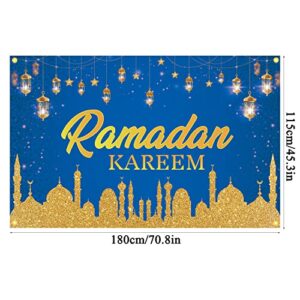 JOZON Ramadan Kareem Backdrop Banner 71 x 45 Inch Large Size Ramadan Mubarak Blue Gold Background Banner Islamic Eid Mubarak Festival Party Decorations Supplies Muslim Ramadan Photo Booth Props