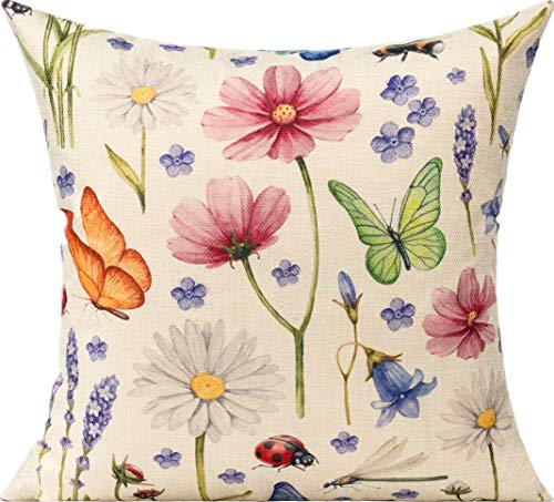 All Smiles Outdoor Patio Throw Pillow Covers Summer Spring Garden Flowers Farmhouse Décor Outside Furniture Swing Seat Bench Chair Decorative Cushion Cases 18x18 Set of 4 for Deep Seat Bed Couch Sofa