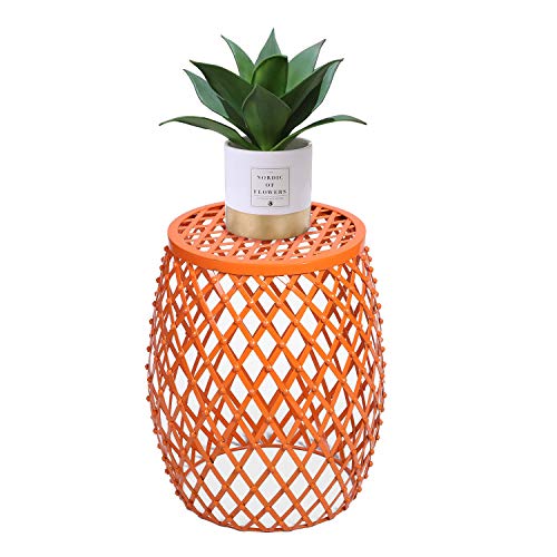 Adeco Hatched Diamond Pattern Home Garden Accents Wire Round Iron Metal Stool Side End Table Plant Stand Chair, Orange Red