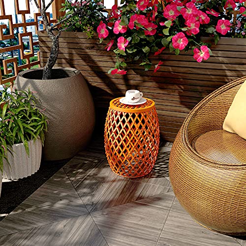 Adeco Hatched Diamond Pattern Home Garden Accents Wire Round Iron Metal Stool Side End Table Plant Stand Chair, Orange Red