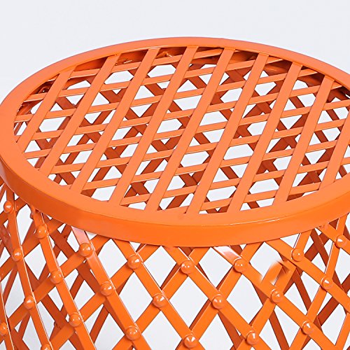 Adeco Hatched Diamond Pattern Home Garden Accents Wire Round Iron Metal Stool Side End Table Plant Stand Chair, Orange Red