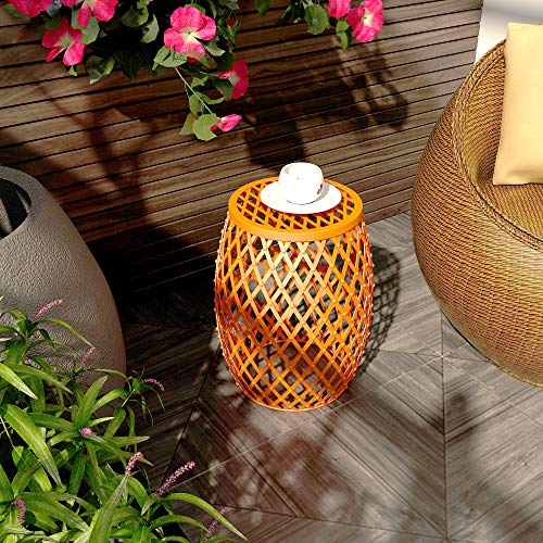 Adeco Hatched Diamond Pattern Home Garden Accents Wire Round Iron Metal Stool Side End Table Plant Stand Chair, Orange Red