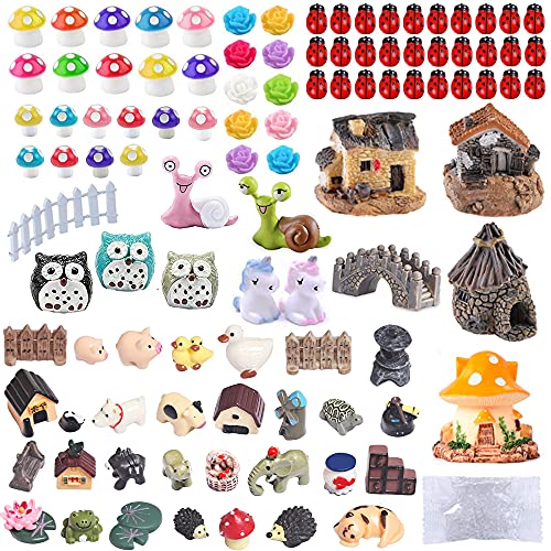 104 PCS Miniature Fairy Garden Accessories, Including Fairy Garden Animals, Mini Garden Houses and DIY Fairy Garden Dollhouse Decoration,Miniature Figurines, Micro Landscape Ornaments, Garden DIY Kit