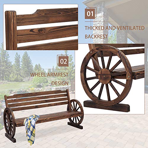 Kinsunny Wooden Wagon Wheel Bench Yard Decorative 3-Person Fir Wood Seat Bench with Backrest Rustic Style for Bench Patio Garden