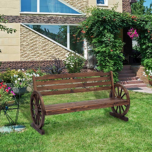 Kinsunny Wooden Wagon Wheel Bench Yard Decorative 3-Person Fir Wood Seat Bench with Backrest Rustic Style for Bench Patio Garden