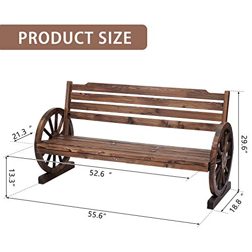 Kinsunny Wooden Wagon Wheel Bench Yard Decorative 3-Person Fir Wood Seat Bench with Backrest Rustic Style for Bench Patio Garden