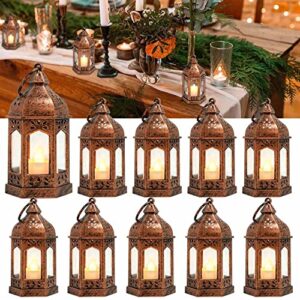 shymery mini lantern with flickering led candles,battery included,decorative hanging lantern,christmas decorative lantern,indoor candle lantern,battery lantern indoor use(set of 8 copper brushed)