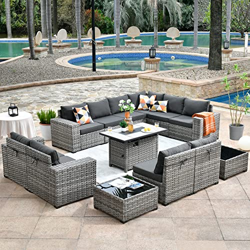 HOOOWOOO Outdoor Patio Furniture Set 13 Pieces Wicker Outdoor Sectional Furniture Set Sectional Patio Conversation Set Modular Outdoor Sofa Set with Gas Fire Pit Table,Coffee Side Table,Black