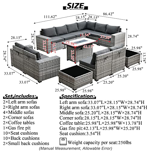 HOOOWOOO Outdoor Patio Furniture Set 13 Pieces Wicker Outdoor Sectional Furniture Set Sectional Patio Conversation Set Modular Outdoor Sofa Set with Gas Fire Pit Table,Coffee Side Table,Black