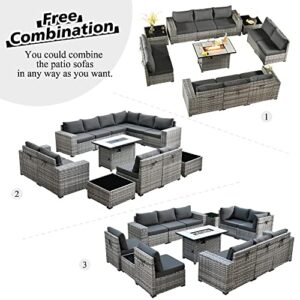 HOOOWOOO Outdoor Patio Furniture Set 13 Pieces Wicker Outdoor Sectional Furniture Set Sectional Patio Conversation Set Modular Outdoor Sofa Set with Gas Fire Pit Table,Coffee Side Table,Black