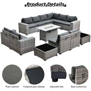 HOOOWOOO Outdoor Patio Furniture Set 13 Pieces Wicker Outdoor Sectional Furniture Set Sectional Patio Conversation Set Modular Outdoor Sofa Set with Gas Fire Pit Table,Coffee Side Table,Black