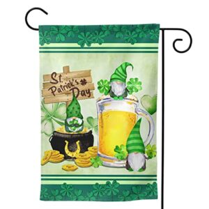 st patricks day garden flag, lucky irish gnomes shamrocks welcome burlap garden flags 12×18 double sided, outdoor small holiday garden decor flags