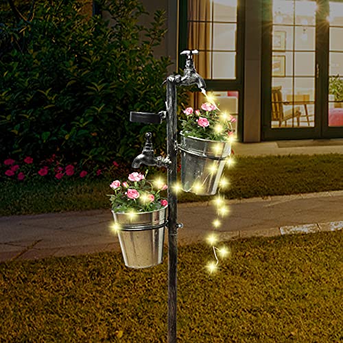 MorTime Solar Faucet Garden Stake with Two Planters, LED Lights Flowing Water Retro Metal Faucet Yard Stake Outdoor Plant Holder Flower Pots for Lawn Garden Decorations