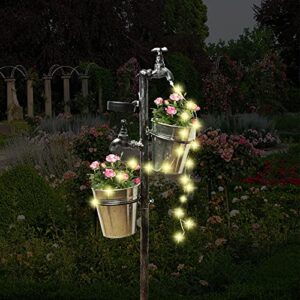 MorTime Solar Faucet Garden Stake with Two Planters, LED Lights Flowing Water Retro Metal Faucet Yard Stake Outdoor Plant Holder Flower Pots for Lawn Garden Decorations