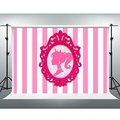 VIDMOT Pink White Stripes Backdrop Doll Head Photo Frame Glamour Girl Photography Background Christmas Party Decor 7x5ft Pink Party Backdrop Photo Booth Banner for Cake Table Supplies LSVV1009